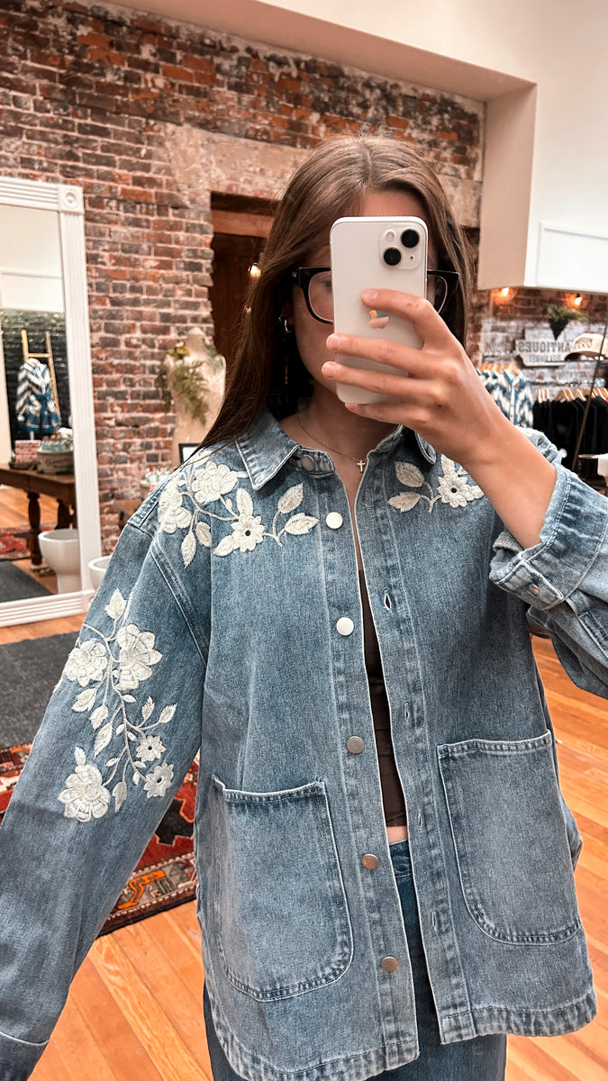 Denim Jacket With Floral Embroidery – Fia & Belle